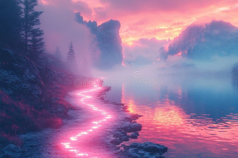 Glowing Neon Path Along Serene Lake at Sunset, Surrounded by Mountains ...