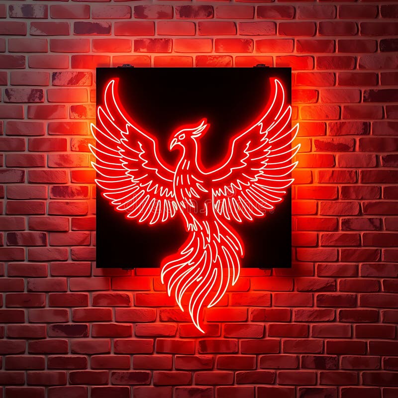 A Glowing Neon Phoenix Artwork Mounted on a Brick Wall Stock ...