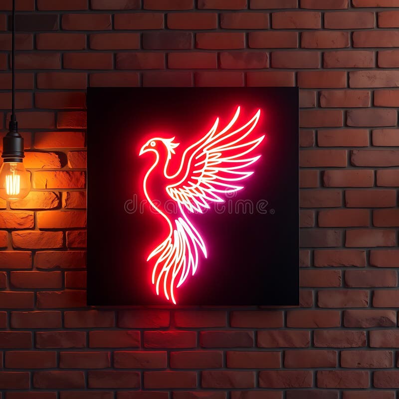 A Glowing Neon Phoenix Artwork Mounted on a Brick Wall Stock ...
