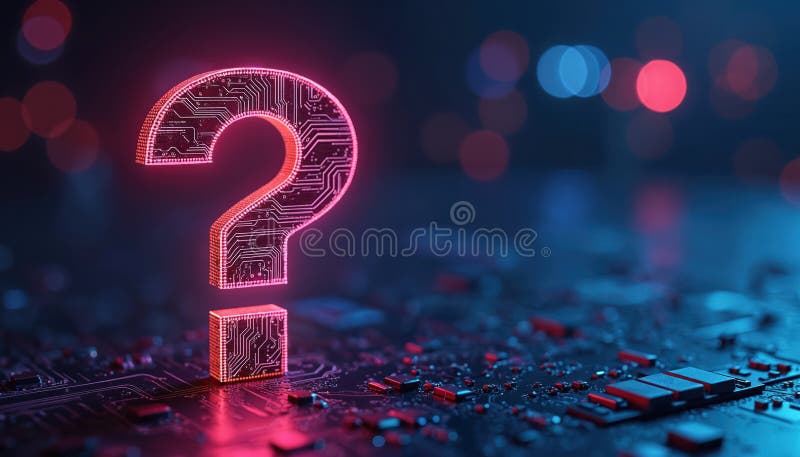 Glowing Neon Pink Question Mark Stands on Dark Circuit Board. Tech ...