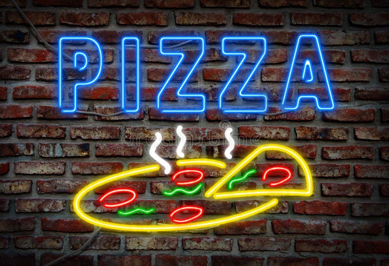Glowing neon pizza sign stock illustration. Illustration of banner ...