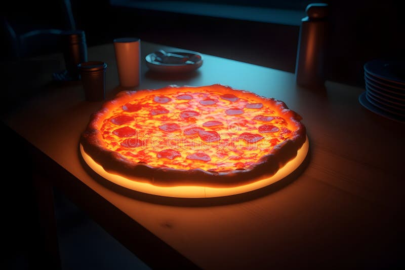 Glowing Neon Pizza on Table, Neural Network Generated Art Stock ...