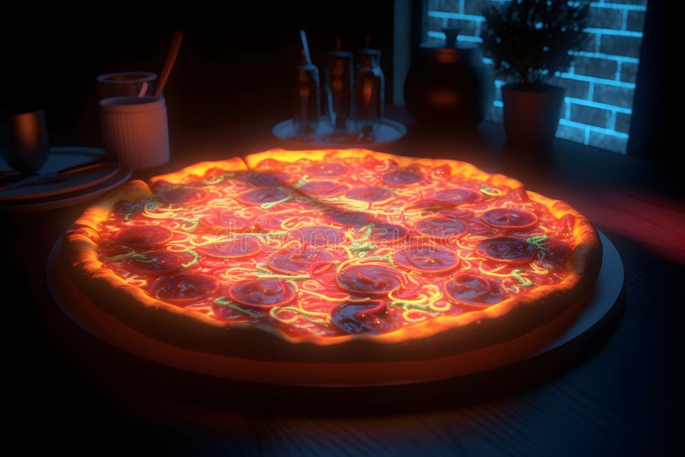 Glowing Neon Pizza on Table, Neural Network Generated Art Stock ...