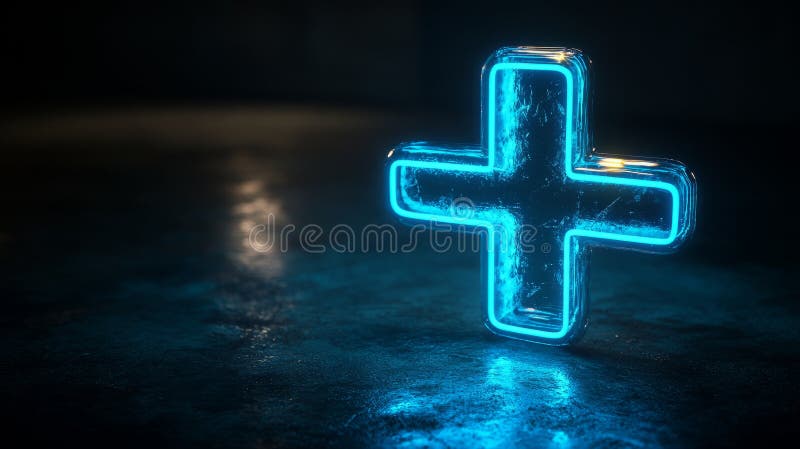 Glowing Neon Plus Symbol on a Dark Surface Stock Photo - Image of ...