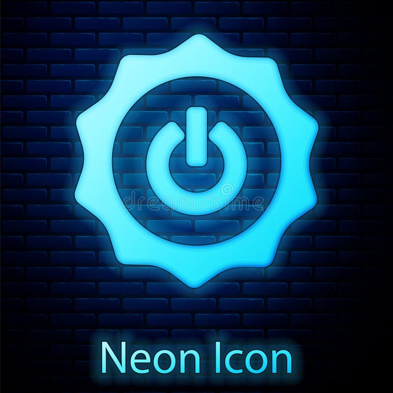 Glowing Neon Power Button Icon Isolated on Brick Wall Background. Start ...
