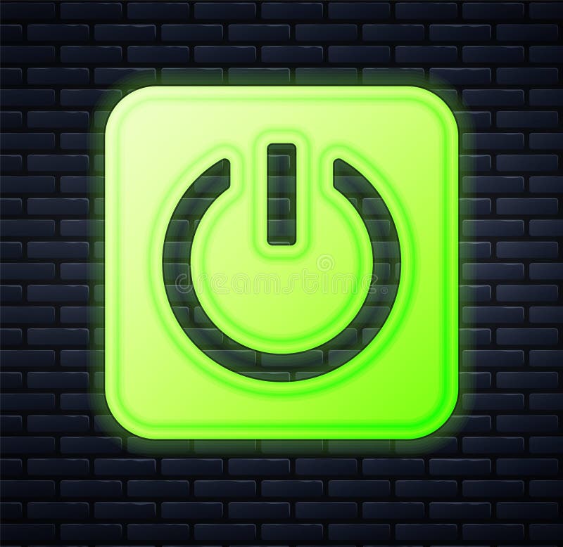 Glowing Neon Power Button Icon Isolated on Brick Wall Background. Start ...