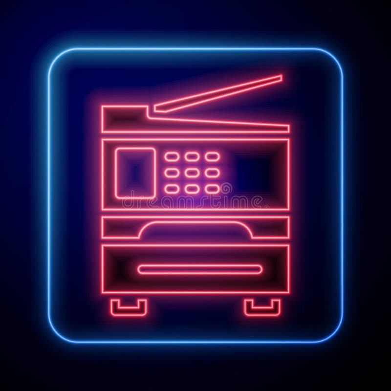 Glowing Neon Printer Icon Isolated on Blue Background. Vector ...