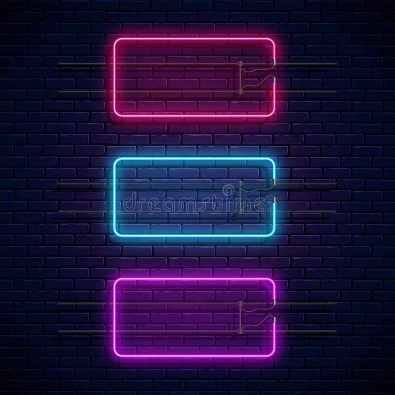 Glowing Neon Rectangle Frames on Dark Brick Wall Background. Neon Light ...