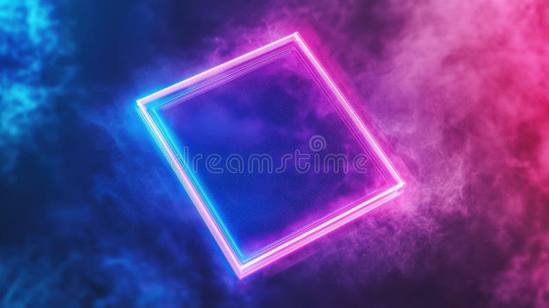 Glowing Neon Rectangular Frame Floating in Dark Atmosphere with ...