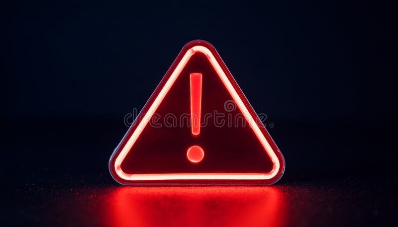 Glowing Neon Red Triangle Sign, Exclamation Point on Dark. Warning ...