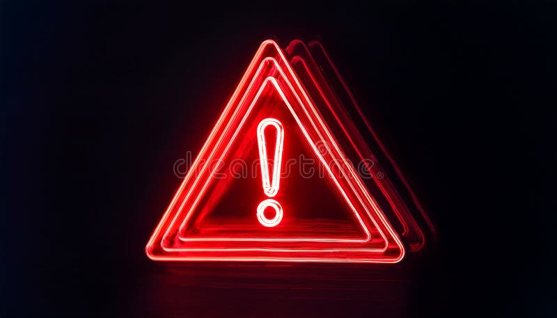 Glowing Neon Red Triangle Sign, Exclamation Point on Dark. Warning ...