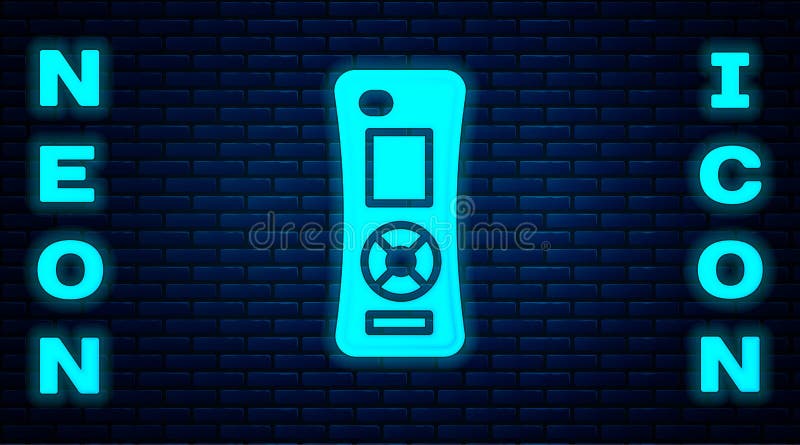 Glowing Neon Remote Control Icon Isolated on Brick Wall Background ...