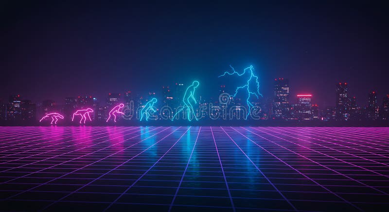 A Glowing Neon Representation of Human Evolution in a Retro Synthwave ...