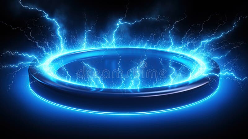 Glowing Neon Ring Surrounded by Dynamic Blue Lightning and Energy ...