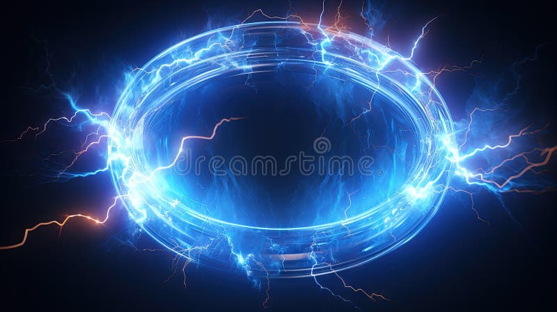 Glowing Neon Ring Surrounded Dynamic Blue Lightning Energy Bursts Dark ...