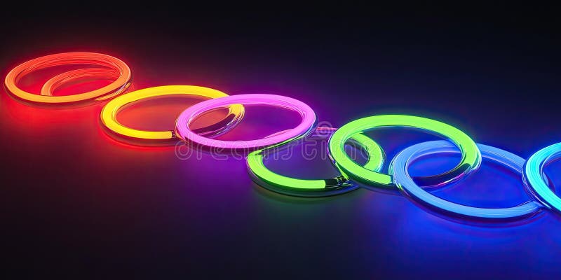 Glowing Neon Rings Floating in Darkness Creating a Futuristic and ...