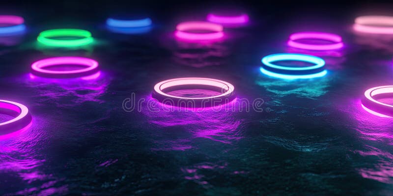 Glowing Neon Rings Floating in Darkness Creating a Futuristic and ...