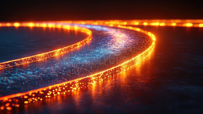 Glowing Neon Road with Sparkling Orange and Blue Light Effects Stock ...
