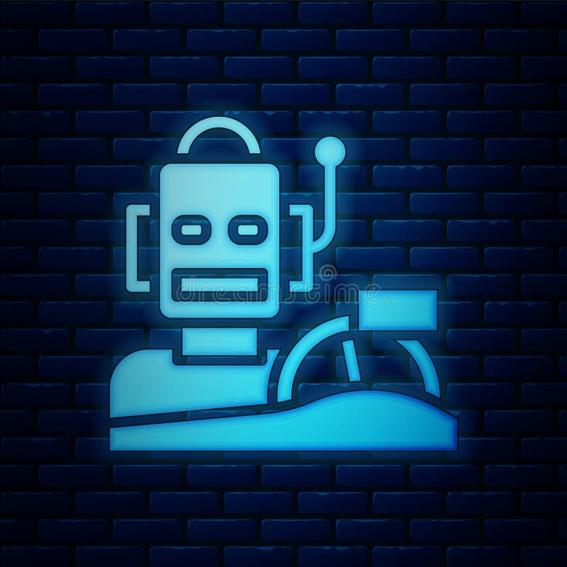 Glowing Neon Robot Humanoid Driving a Car Icon Isolated on Brick Wall ...