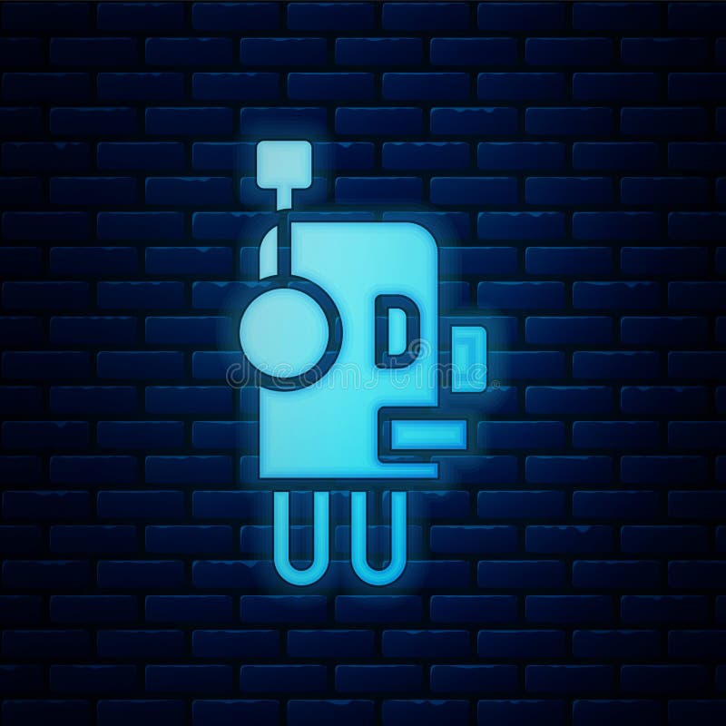 Glowing Neon Robot Icon Isolated on Brick Wall Background. Artificial ...