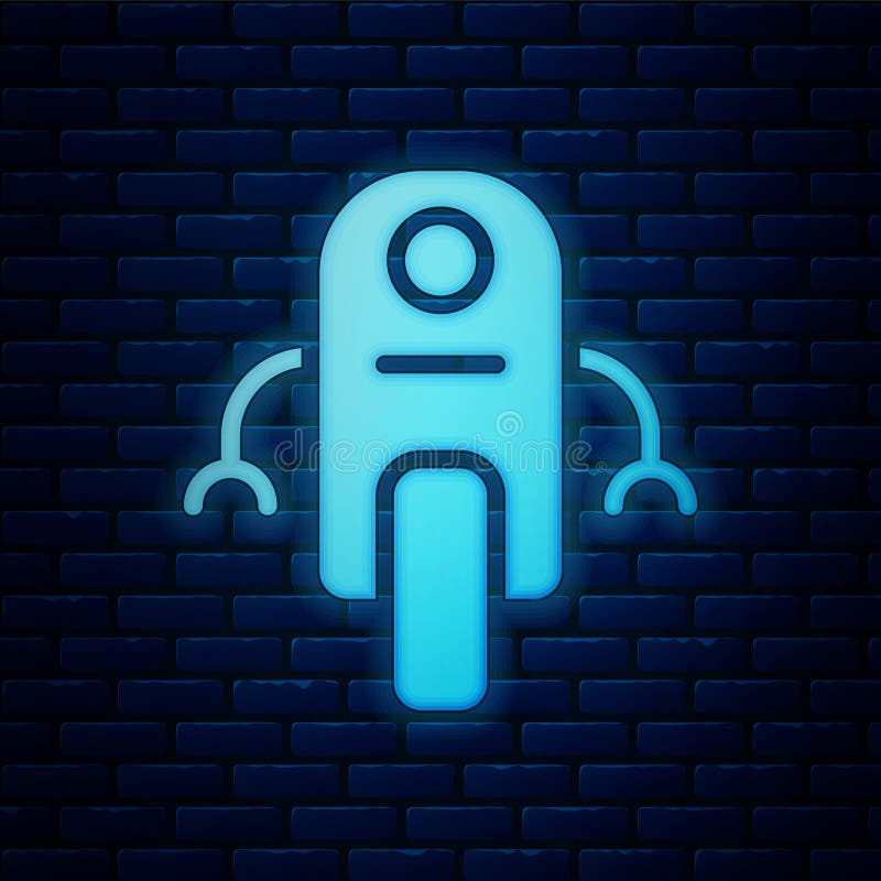 Glowing Neon Robot Icon Isolated on Brick Wall Background. Artificial ...