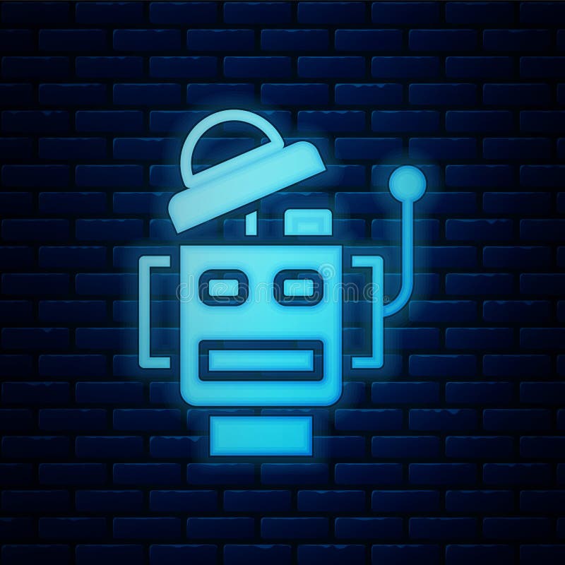 Glowing Neon Robot Icon Isolated on Brick Wall Background. Artificial ...