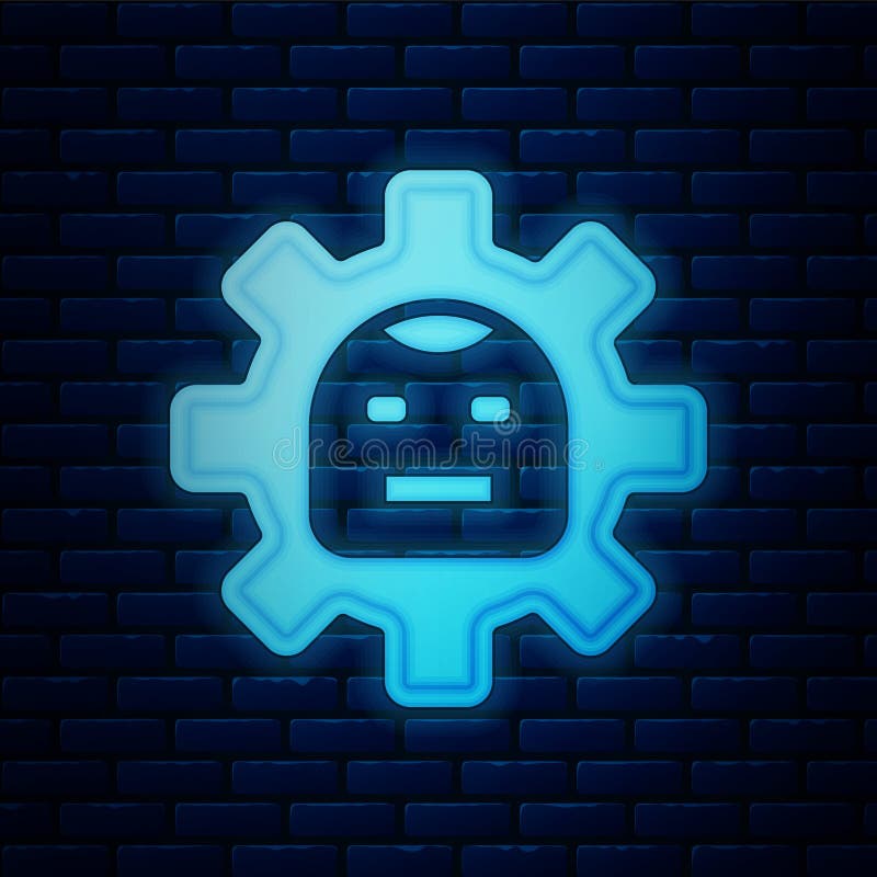 Glowing Neon Robot Icon Isolated on Brick Wall Background. Artificial ...