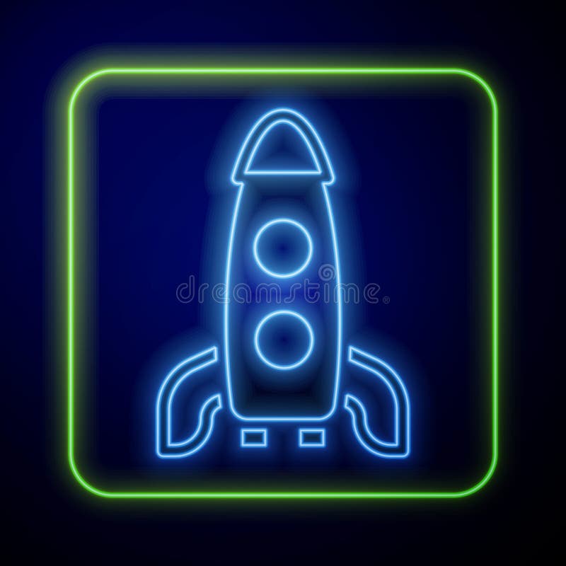 Glowing Neon Rocket Ship Icon Isolated On Blue Background. Space Travel ...