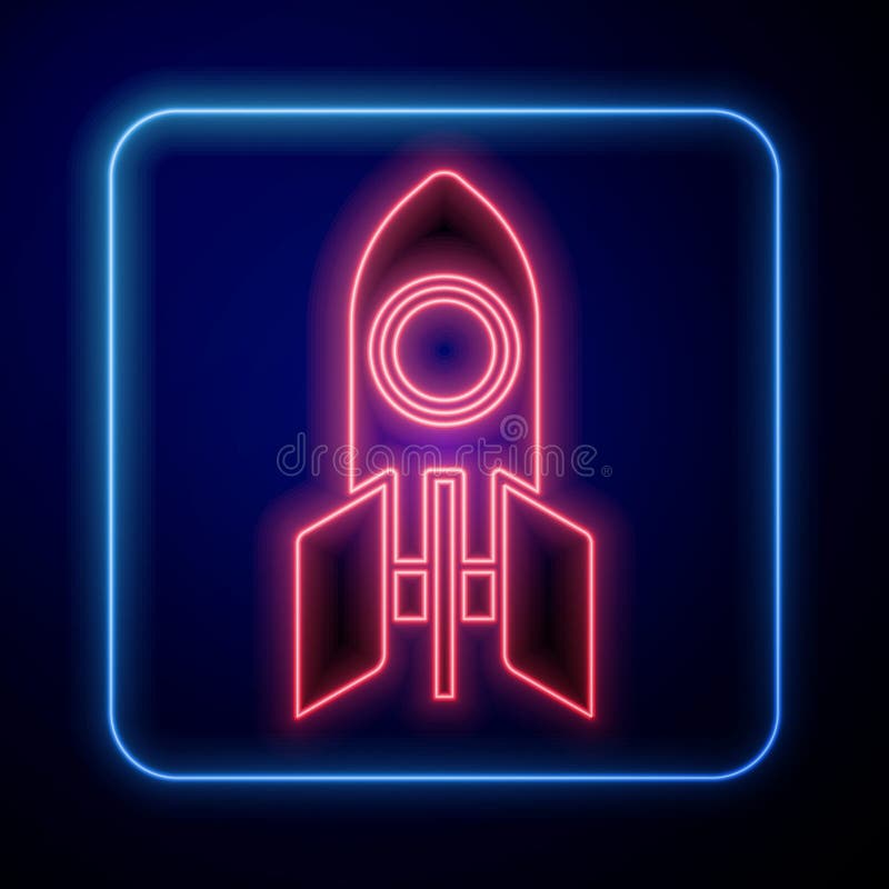 Glowing Neon Rocket Ship Icon Isolated on Blue Background. Space Travel ...