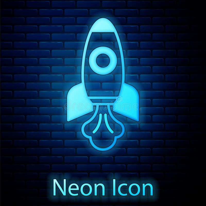 Glowing Neon Rocket Ship Icon Isolated on Brick Wall Background. Space ...