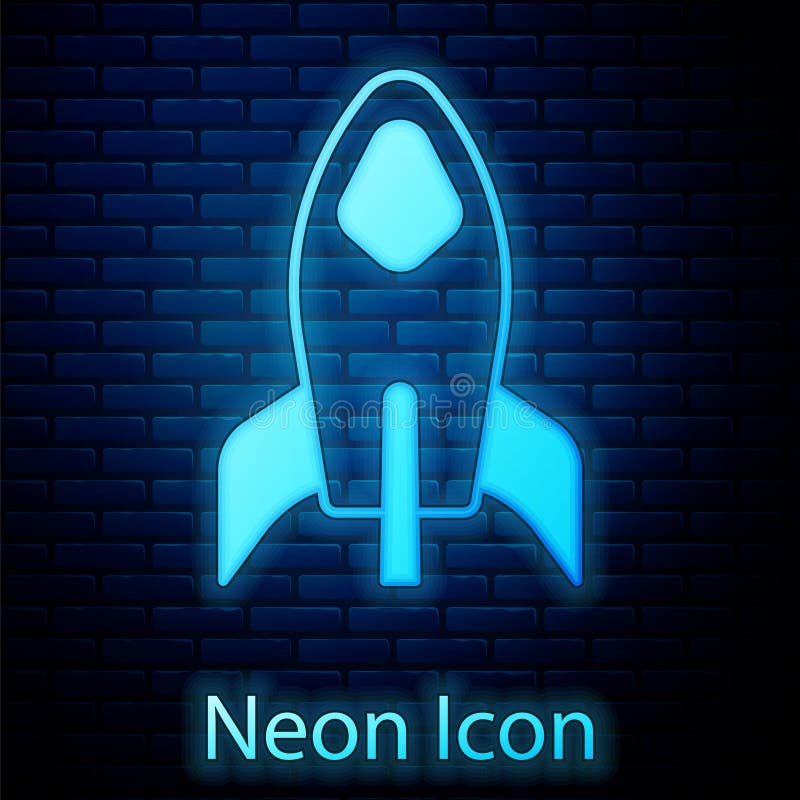 Glowing Neon Rocket Ship Icon Isolated on Brick Wall Background. Space ...