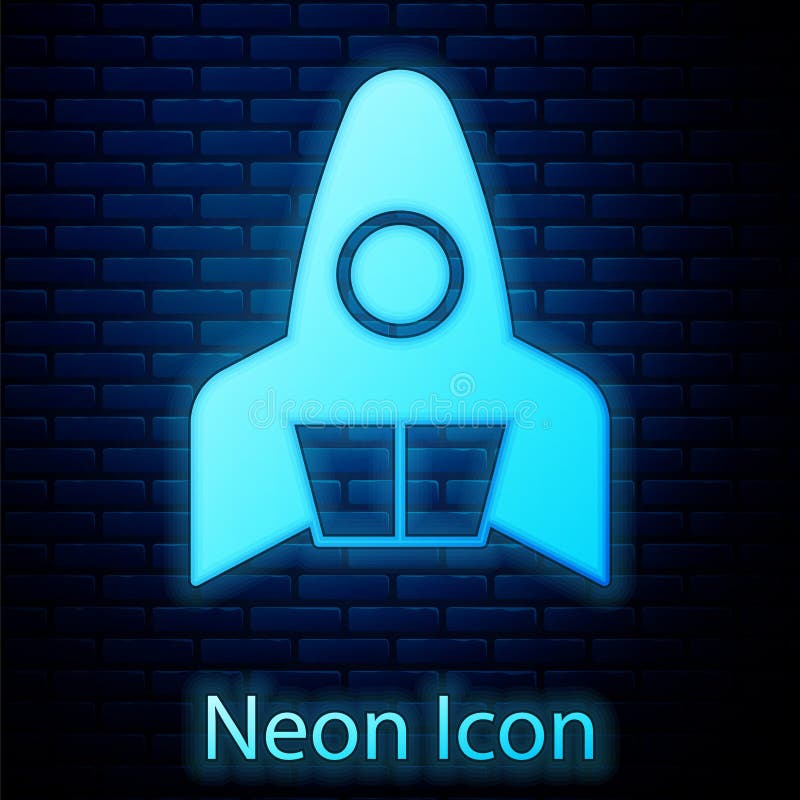 Glowing Neon Rocket Ship Icon Isolated on Brick Wall Background. Space ...
