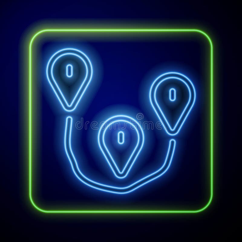 Glowing Neon Route Location Icon Isolated on Blue Background. Map ...