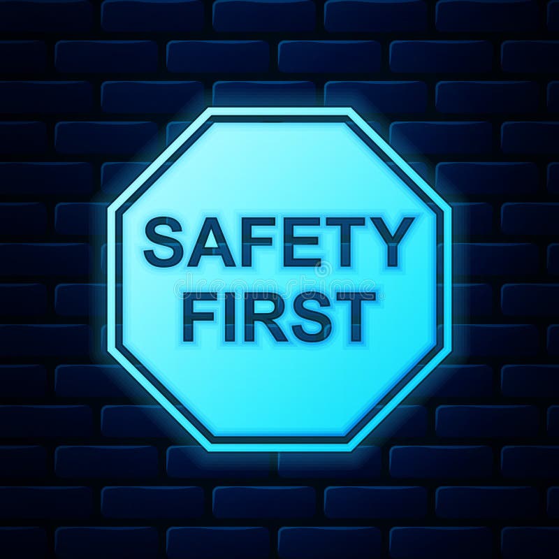 Neon Safety Shield Signs Vector Isolated on Brick Wall. Neon Security ...