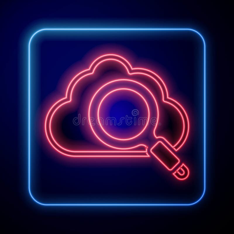 Glowing Neon Search Cloud Computing Icon Isolated on Blue Background ...