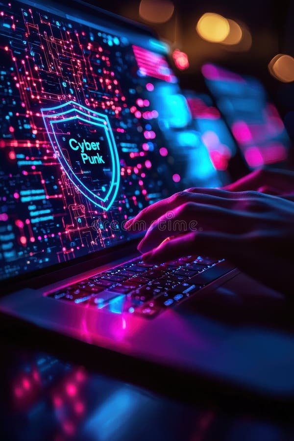Glowing Neon Security Theme Laptop Futuristic Digital Interface Stock ...