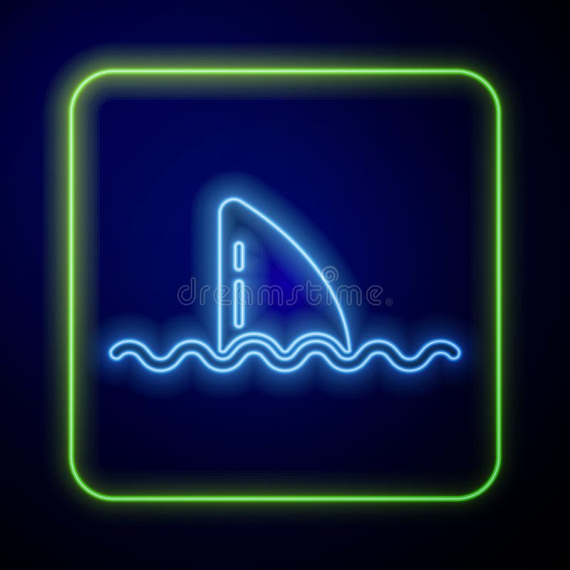 Glowing Neon Shark Fin in Ocean Wave Icon Isolated on Blue Background ...