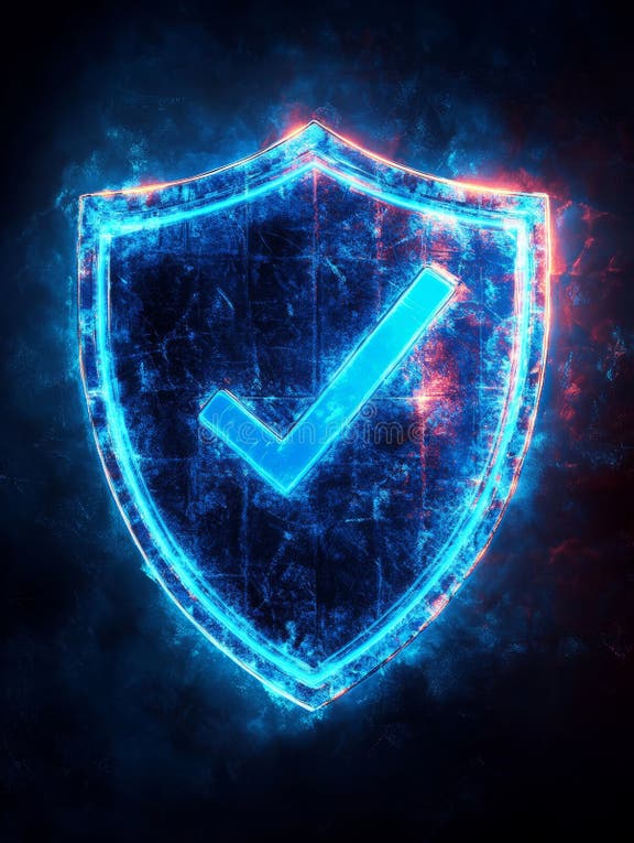 Glowing Neon Shield with a Checkmark for Digital Security. Stock Image ...