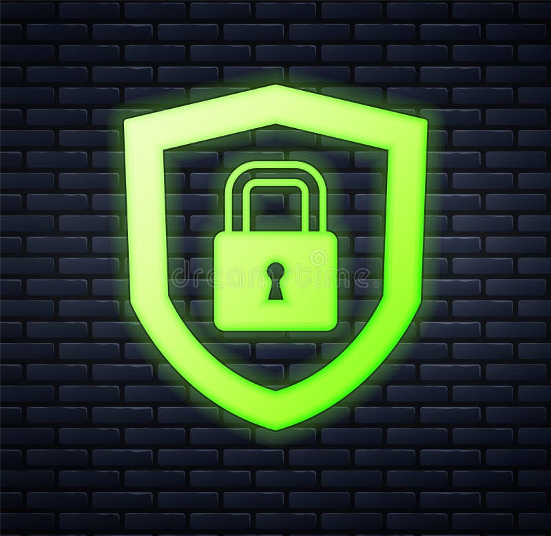 Glowing Neon Shield Security with Lock Icon Isolated on Brick Wall ...