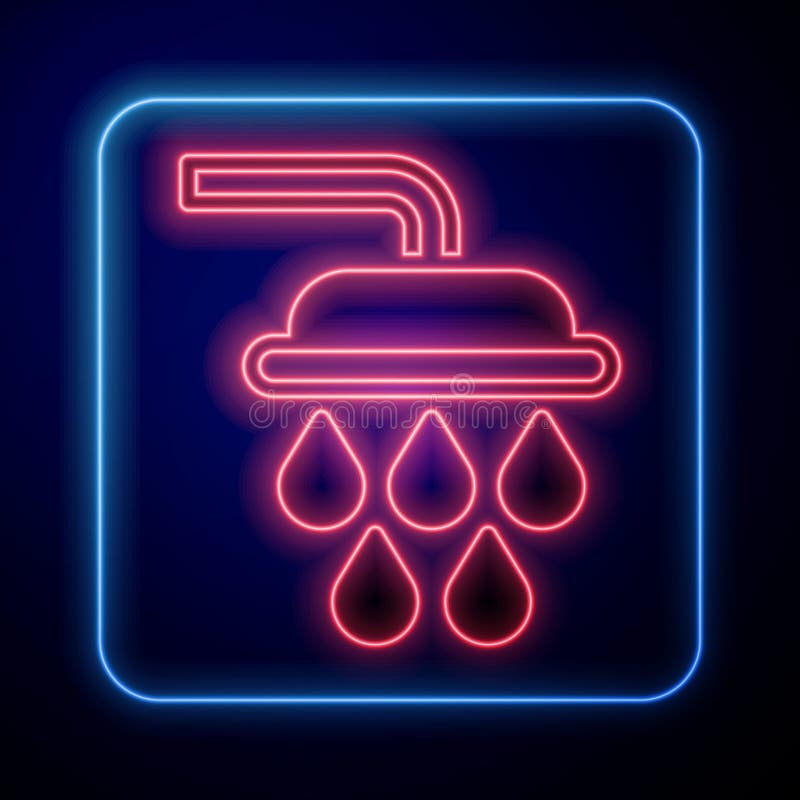 Glowing Neon Shower Head with Water Drops Flowing Icon Isolated on ...