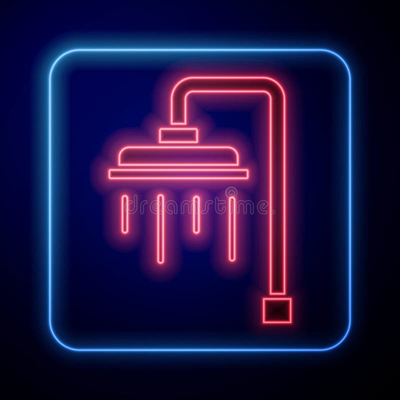Glowing Neon Shower Head with Water Drops Flowing Icon Isolated on Blue ...