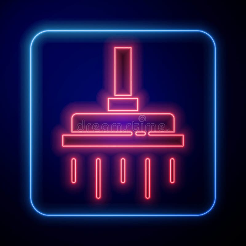 Glowing Neon Shower Head with Water Drops Flowing Icon Isolated on Blue ...