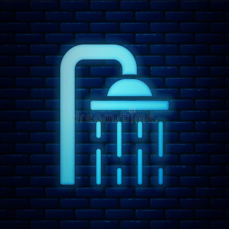 Glowing Neon Shower Head with Water Drops Flowing Icon Isolated on ...