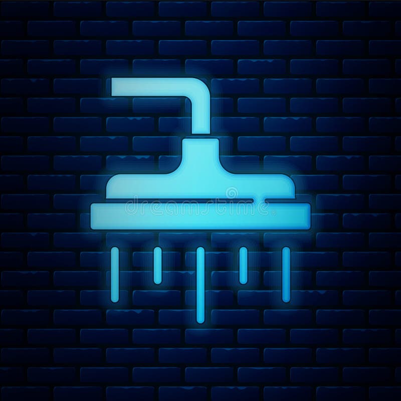 Glowing Neon Shower Head with Water Drops Flowing Icon Isolated on ...