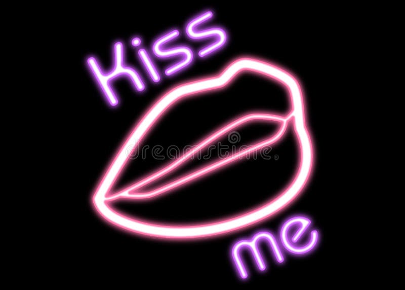 Glowing Neon Sign with Lips and Words Kiss Me on Black Background Stock ...