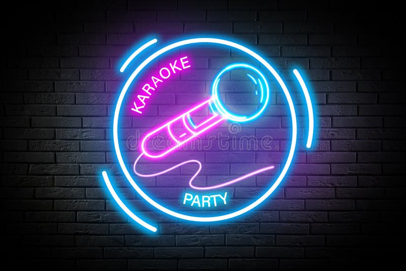 Glowing Neon Sign with Microphone and Words Karaoke Party on Brick Wall ...