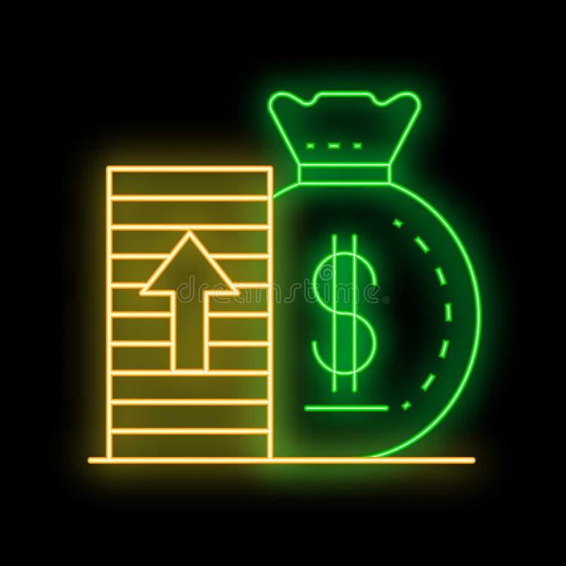 Glowing Neon Sign of Money Bag and Stack of Coins Increasing Value ...