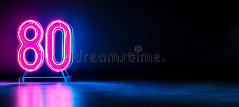 Glowing Neon Sign of Number 80 on Reflective Floor with Blue and ...