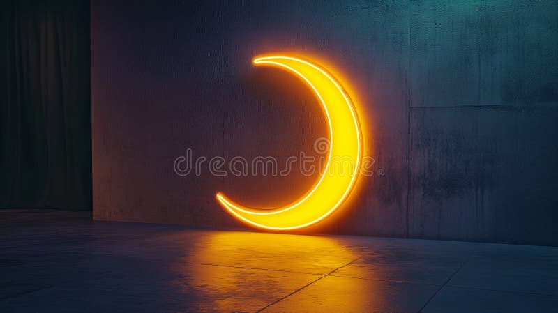 A Glowing Neon Sign in the Shape of a Crescent Moon, Styled in a Dark ...