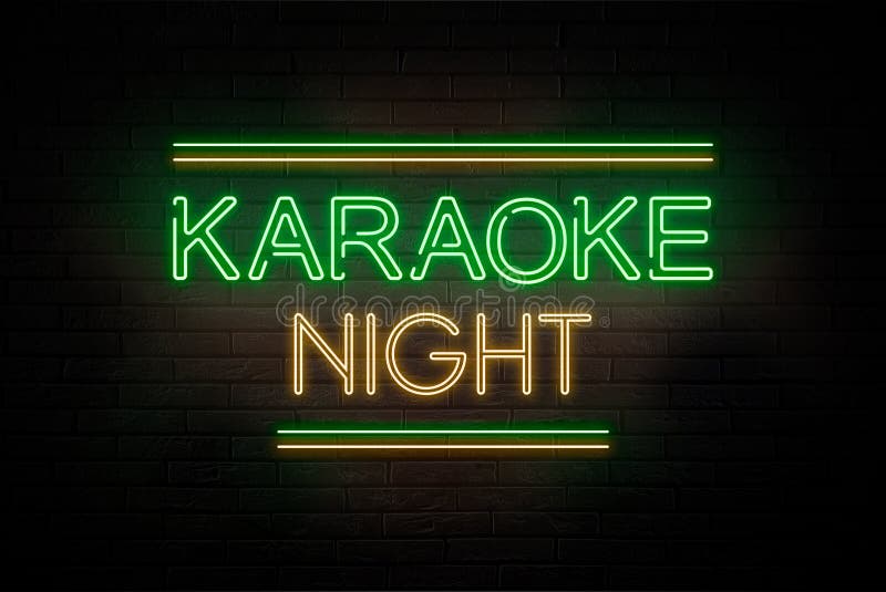 Glowing Neon Sign With Words Karaoke Night On Brick Wall Stock